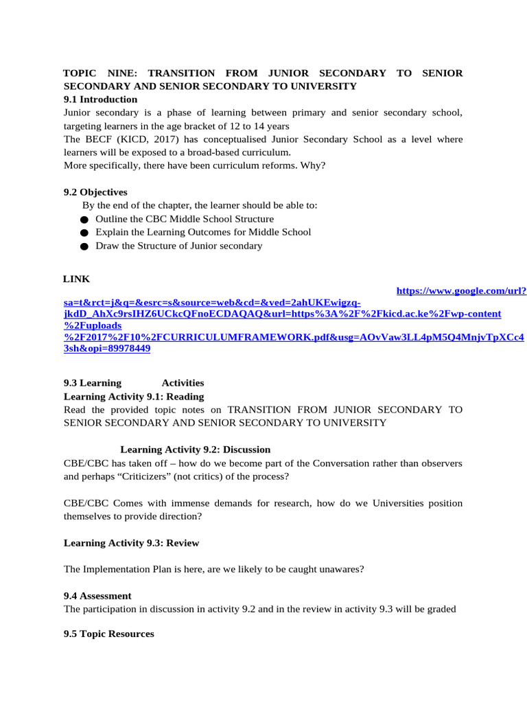 Transitioning from Junior to Senior Secondary | PDF | Curriculum | Teachers
