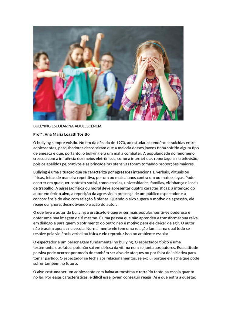 Bullying Escolar: Causas e Consequências | PDF | Assédio moral/bullying ...
