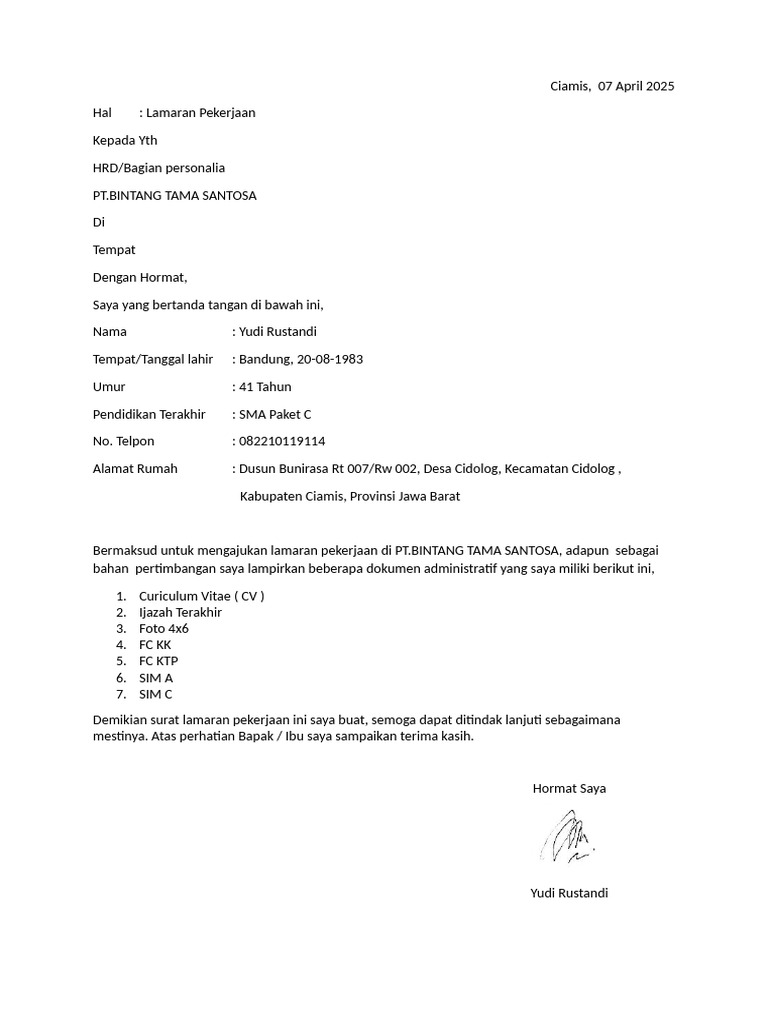 Surat Lamaran Kerja Yudi Rustandi | PDF