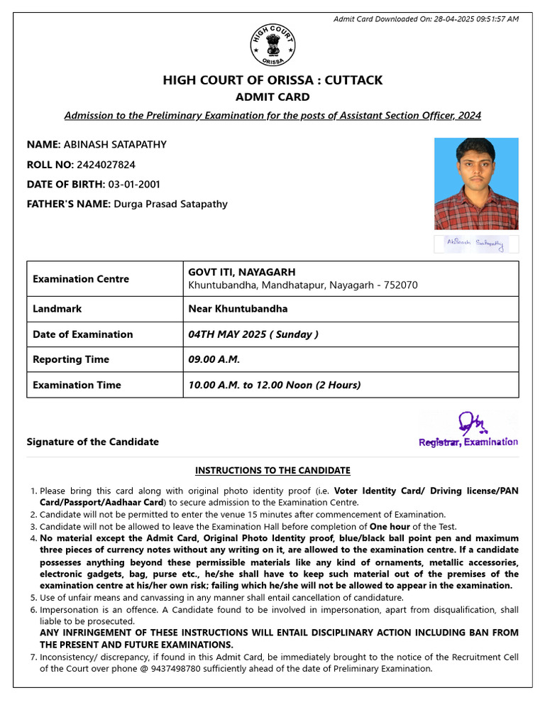 OHC ASO 2024 Admit Card (2424027824) | PDF | Justice | Crime & Violence