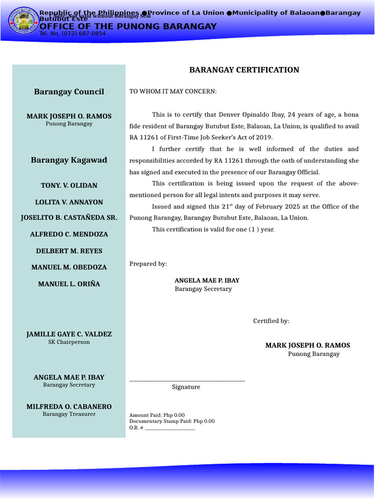 First Time Jobseekers Certificate | PDF