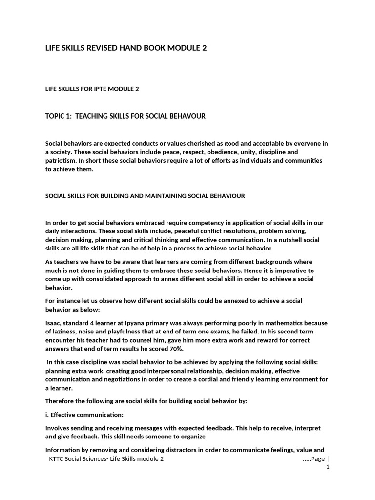 Life Skills for Social Behavior Teaching | PDF | Communication | Learning