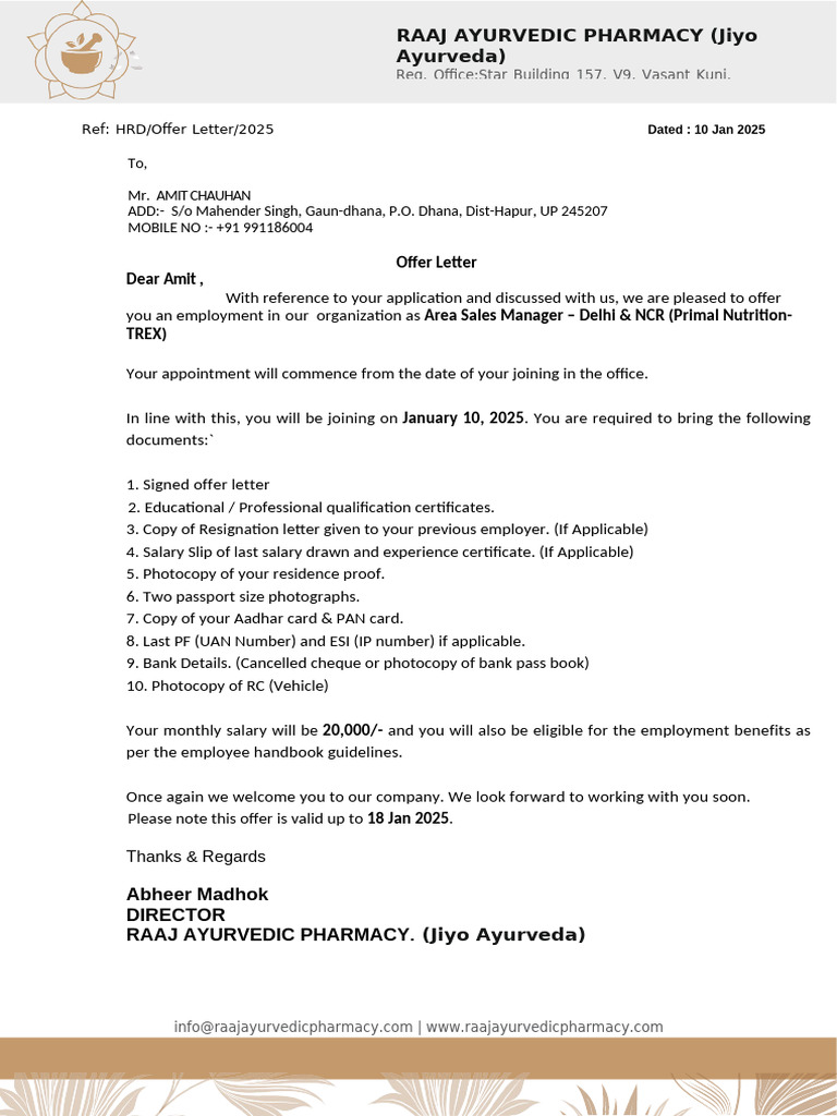 Offer Letter for Area Sales Manager | PDF