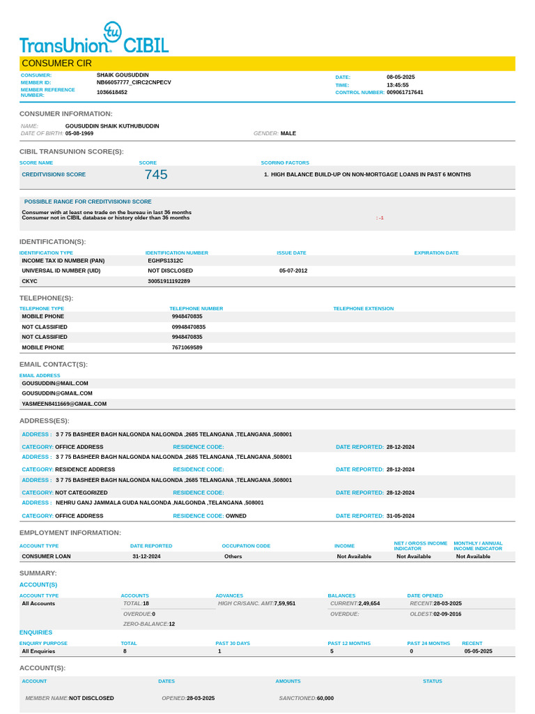 Cibil - Consumer Information Report | PDF | Loans | Credit