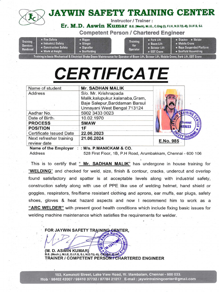 Welder Third Party Certificate | PDF | Welding | Construction