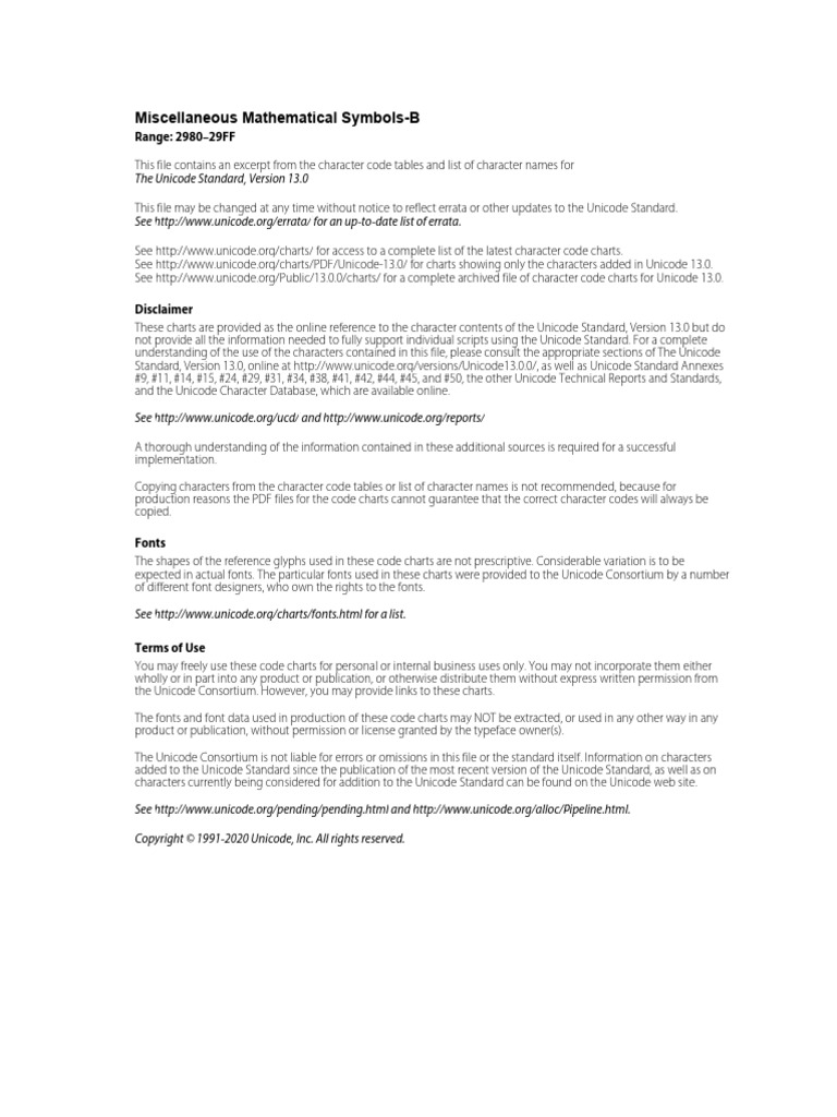 Miscellaneous Mathematical Symbols-B: Range: 2980-29FF | PDF | Bracket ...