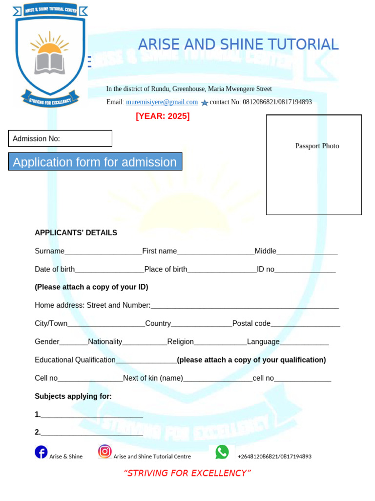 Arise and Shine Application Form | PDF
