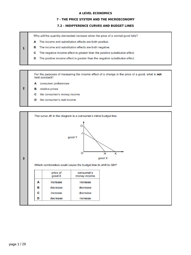 A Level Economics - 7.2 - Indifference Curves and Budget Lines | PDF