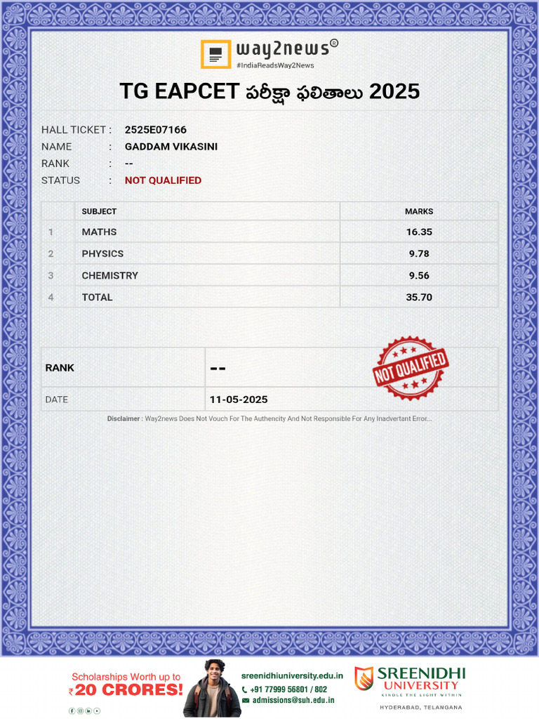 2525E07166 Tg Eapcet Marks Memo | PDF