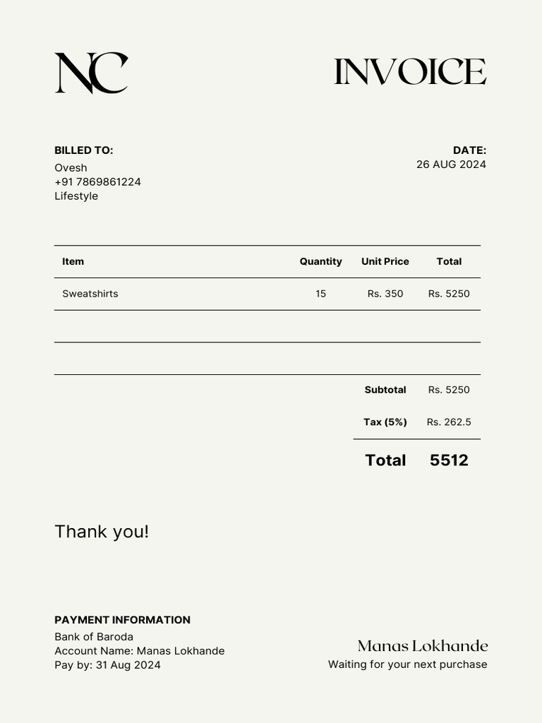 Watercolor Neutral Professional Business Invoice | PDF