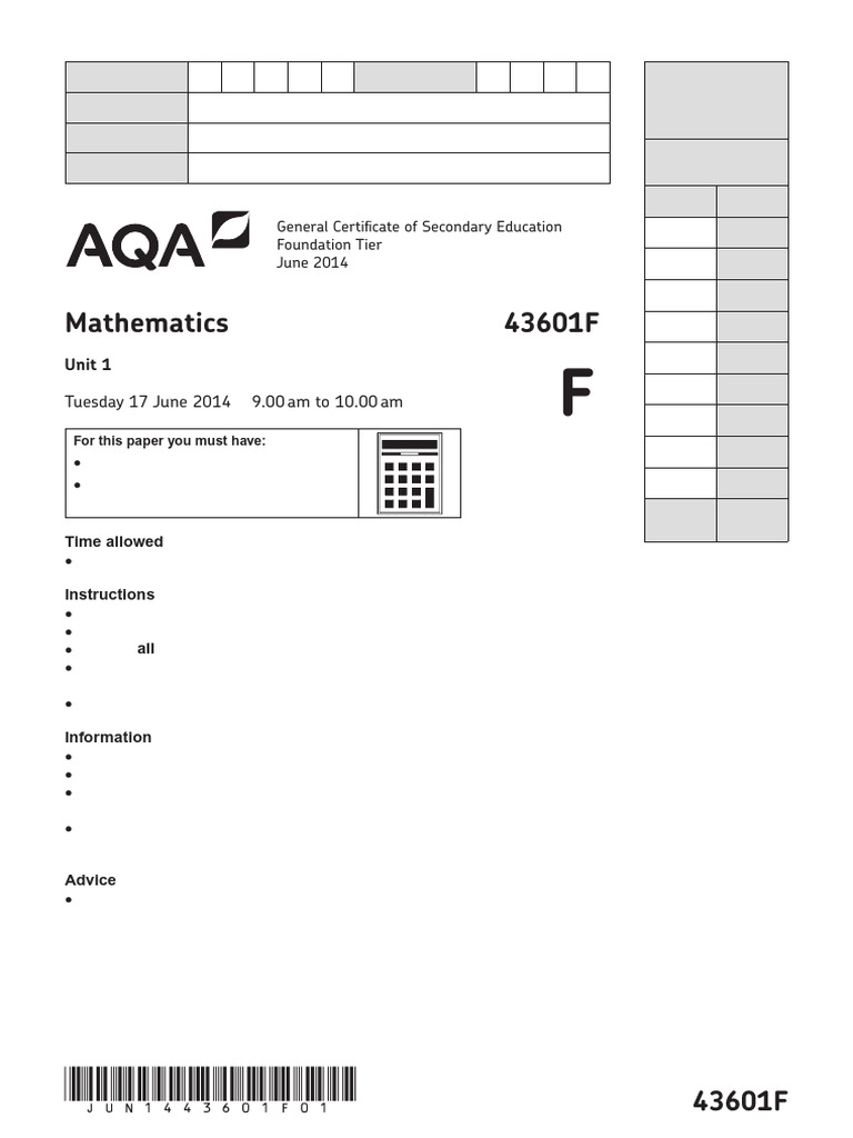 June 2014 QP - Unit 1 (F) AQA Maths (A) GCSE | PDF