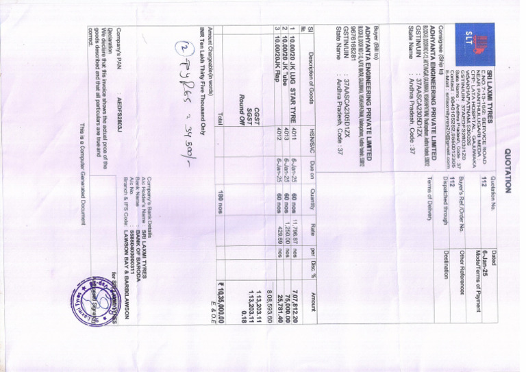 JK Tyres Quotation | PDF