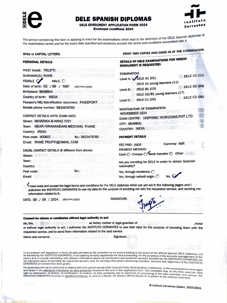 DELE A1 NOV 2024 Registration Form - Trupti Rane | PDF