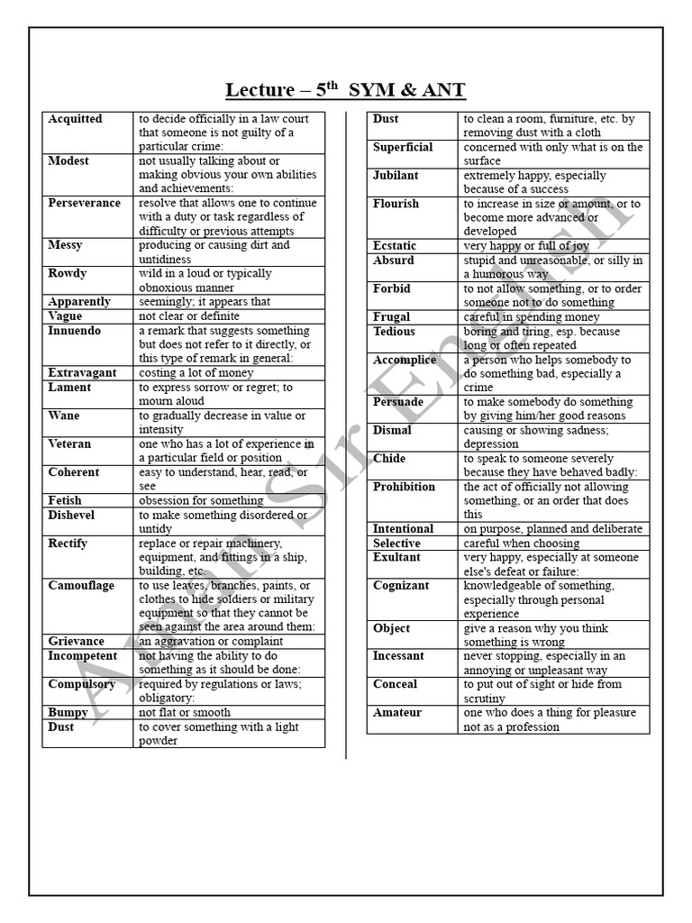 Vocab Videos Lecture 5 SYN & ANT Lecture 5 SYN & ANT PDFStudy Room | PDF