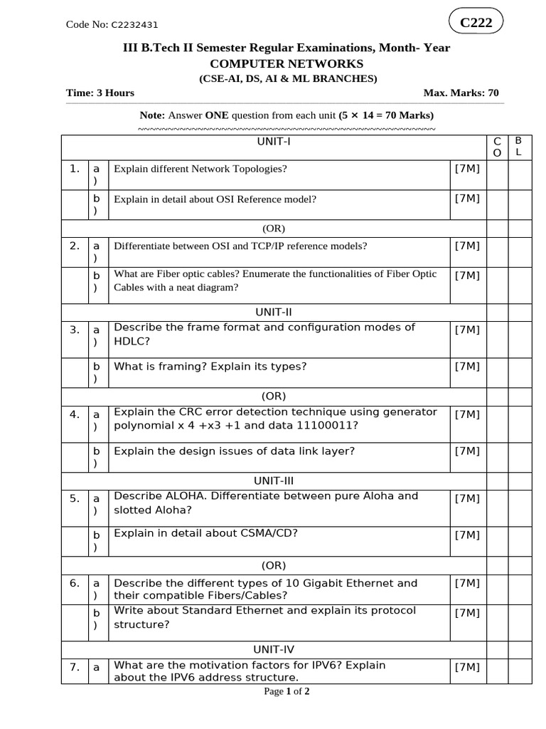 c22 Model Paper-computer Networks | PDF | Computer Network | I Pv6
