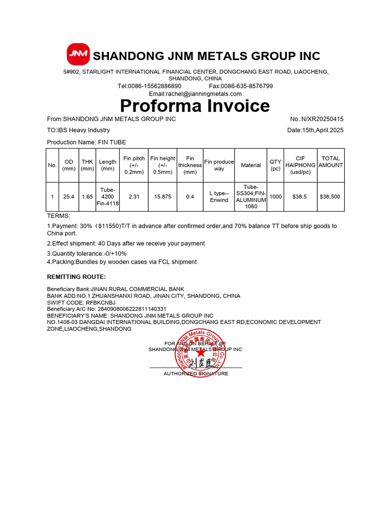 Proforma Invoice For Fin Tube - XR20250415 FCL | PDF