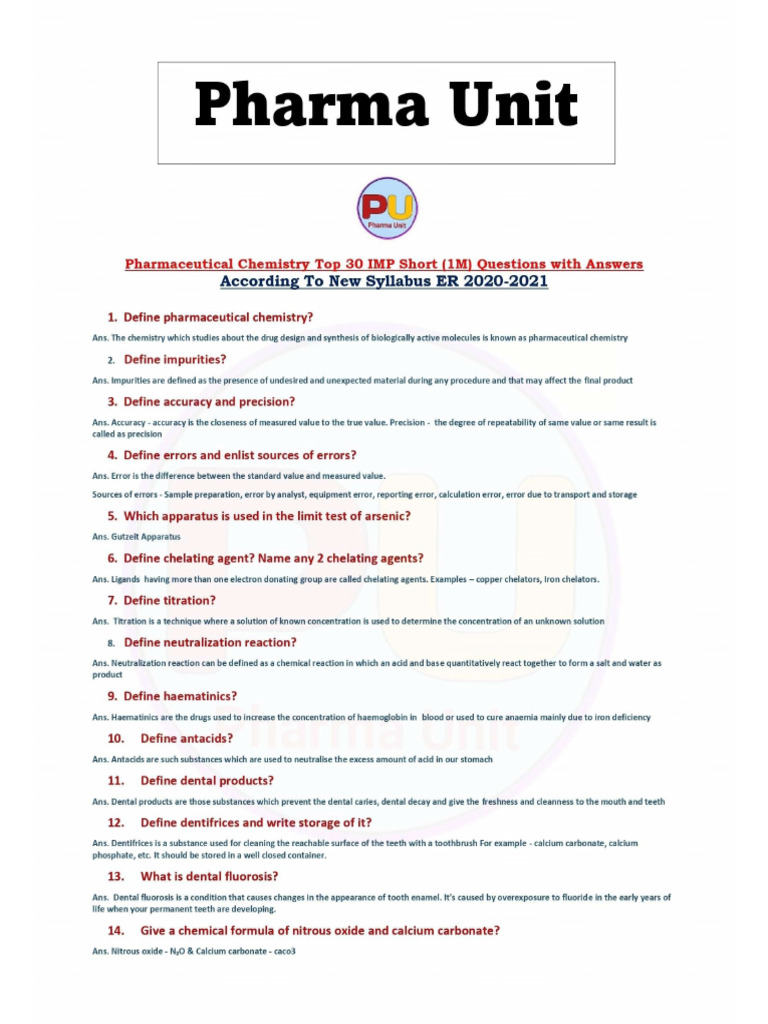 Pharm Chem 1 Marks Ques & Ans | PDF