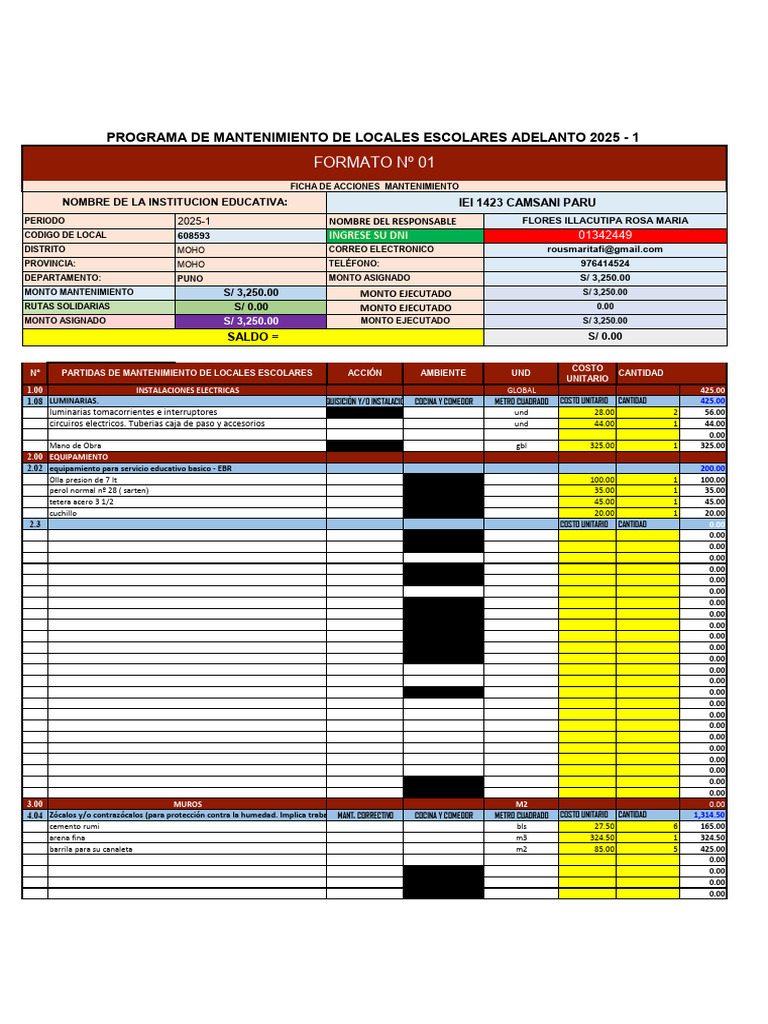 FICHA EXCEL MANTEnimiento MOHO 2025 en PDF | PDF