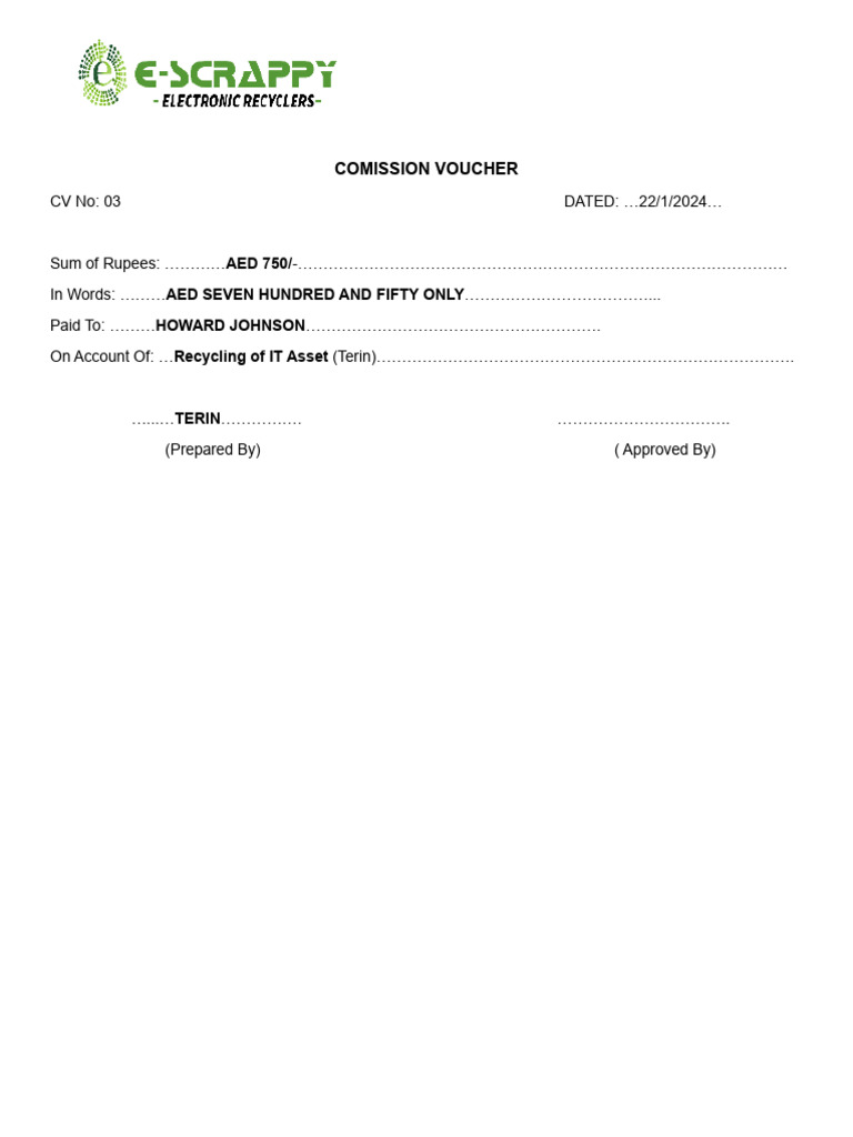 Comission Voucher: AED 750/ Aed Seven Hundred and Fifty Only Howard Johnson Recycling of IT ...