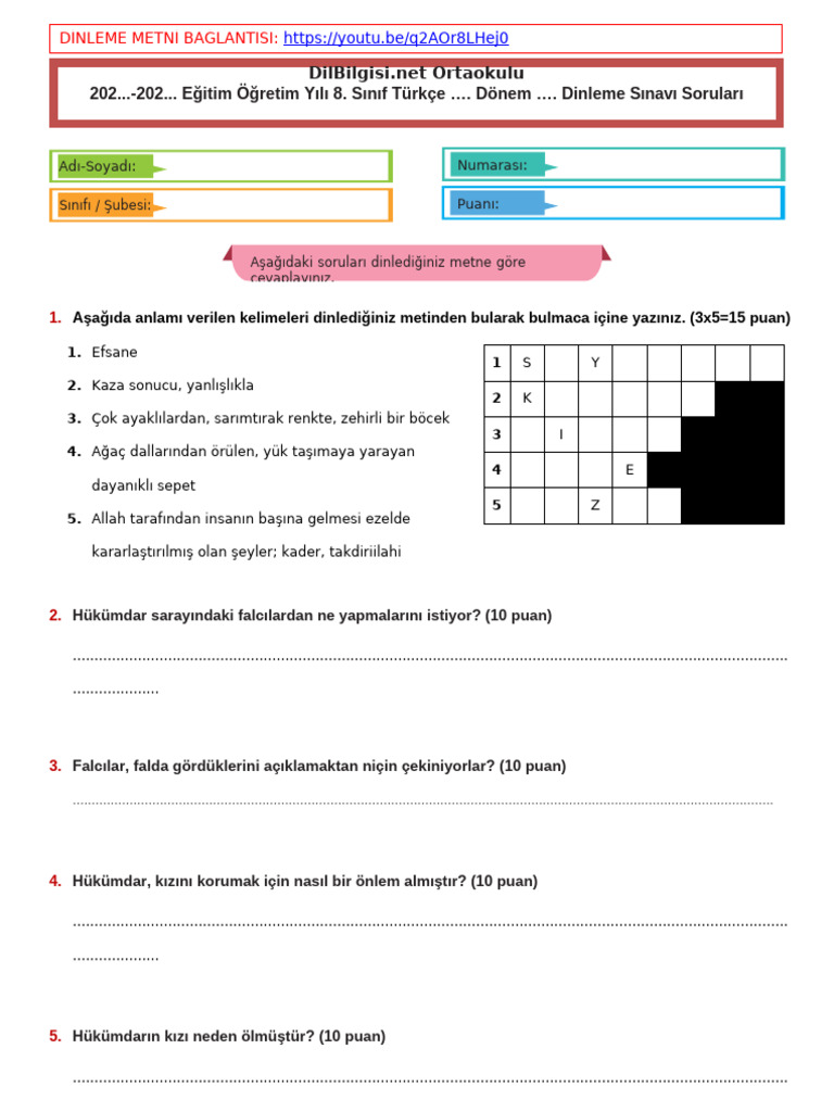 8-Sinif-Kiz-Kulesi-Dinleme-Sinavi | PDF