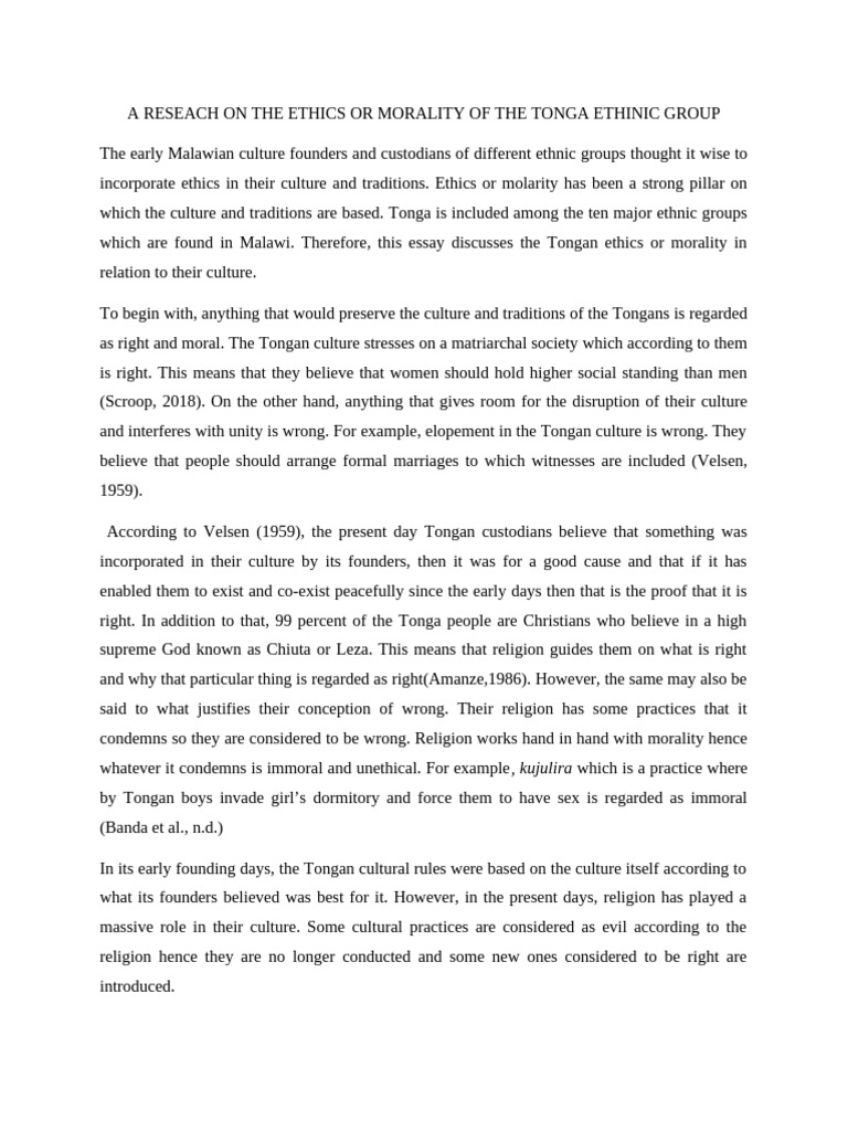 A Reseach On The Ethics or Morality of The Tongan Ethinic Group | PDF ...
