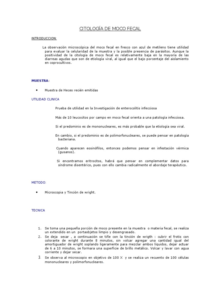 Citología de Moco Fecal: Guía Práctica | PDF | Heces | Diarrea