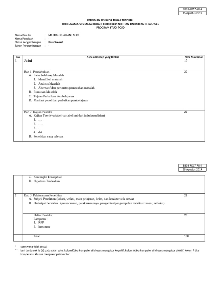 Pedoman Penskoran Tugas 3 PTK | PDF