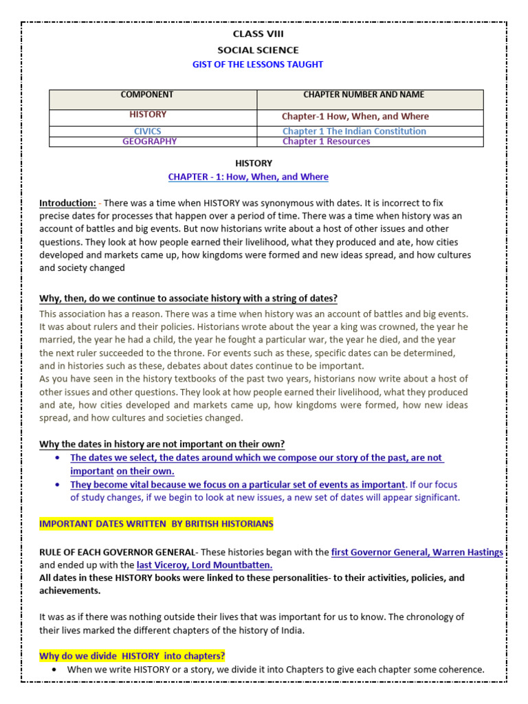 Social Science (History - Chapter 1, Civics-Chapter 1 and Geography - Chapter 1) Gist-Class VIII ...