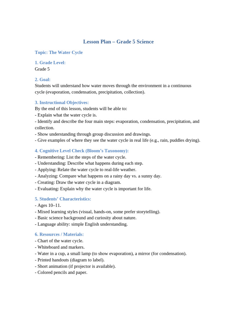Grade5 WaterCycle LessonPlan | PDF | Water Cycle | Water