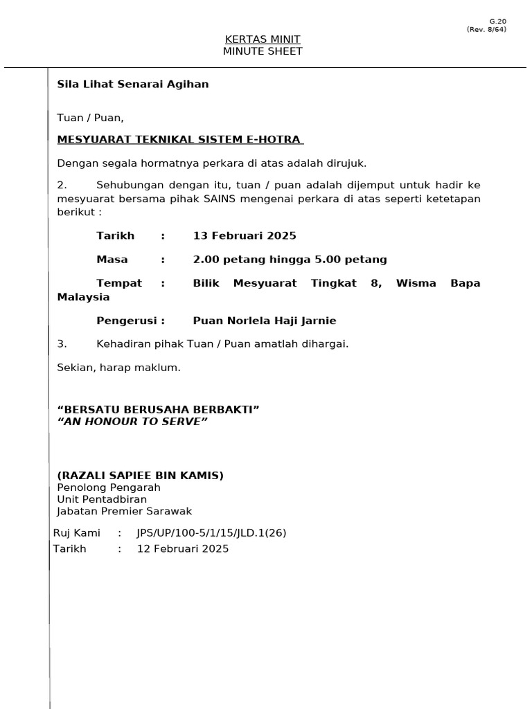 Kertas Minit - Jemputan Ke Sesi Pengenalan Ehotra Staf | PDF