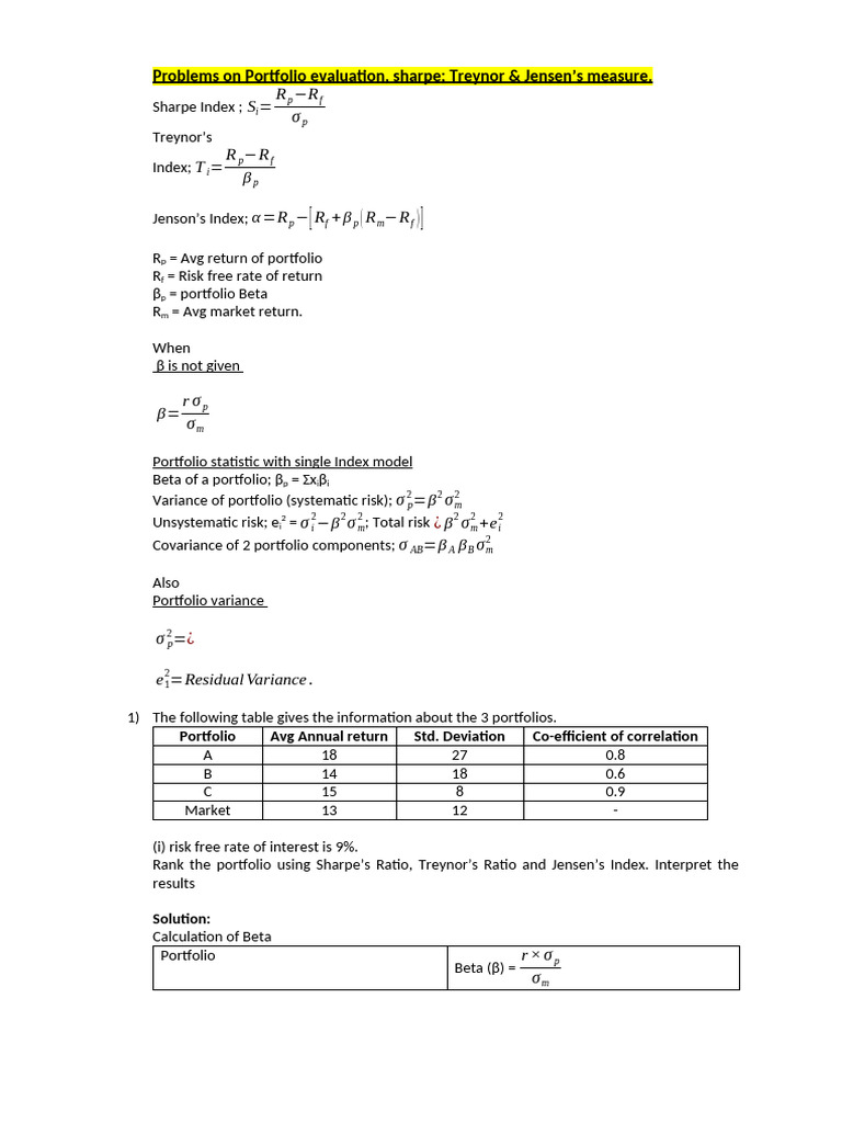 7 Sharpe Treynor and Jensen Ratios | PDF | Beta (Finance) | Portfolio (Finance)
