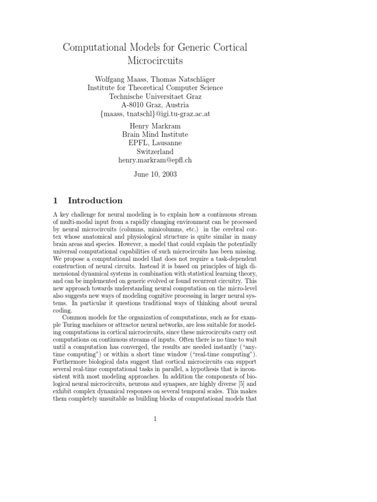 Computational Models For Generic Cortical Microcircuits | PDF | Nervous ...