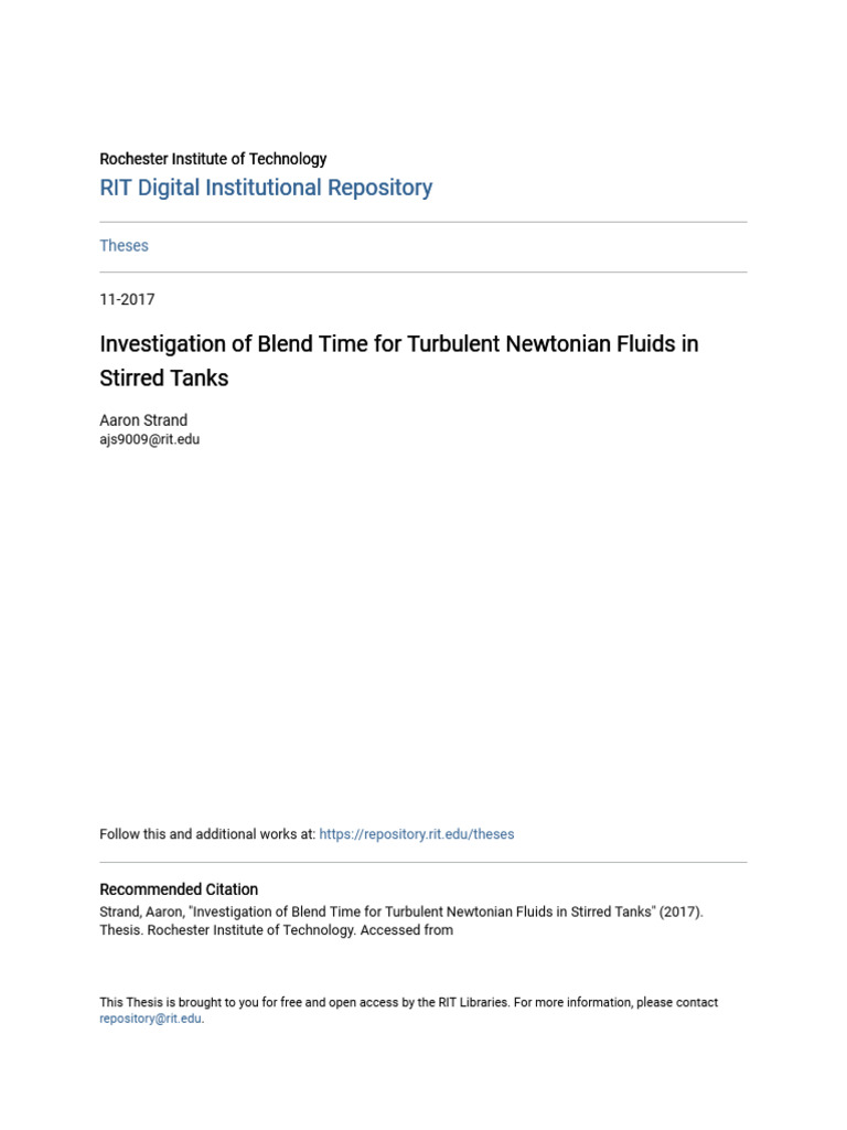 Investigation of Blend Time For Turbulent Newtonian Fluids in Sti | PDF ...