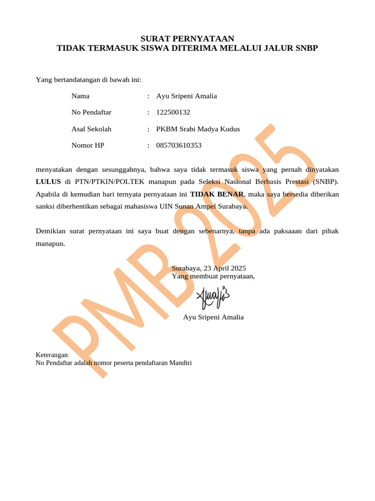 SURAT PERNYATAAN TIDAK DITERIMA SNBP 2025 | PDF