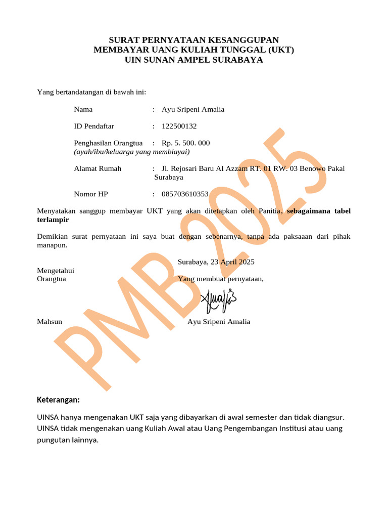 Surat Pernyataan Kesanggupan UKT Mandiri 2025 | PDF