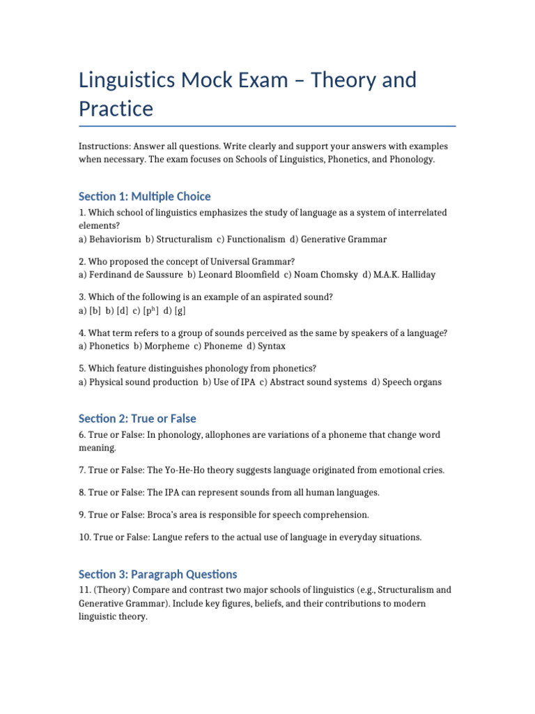Linguistics Mock Exam: Theory & Practice | PDF