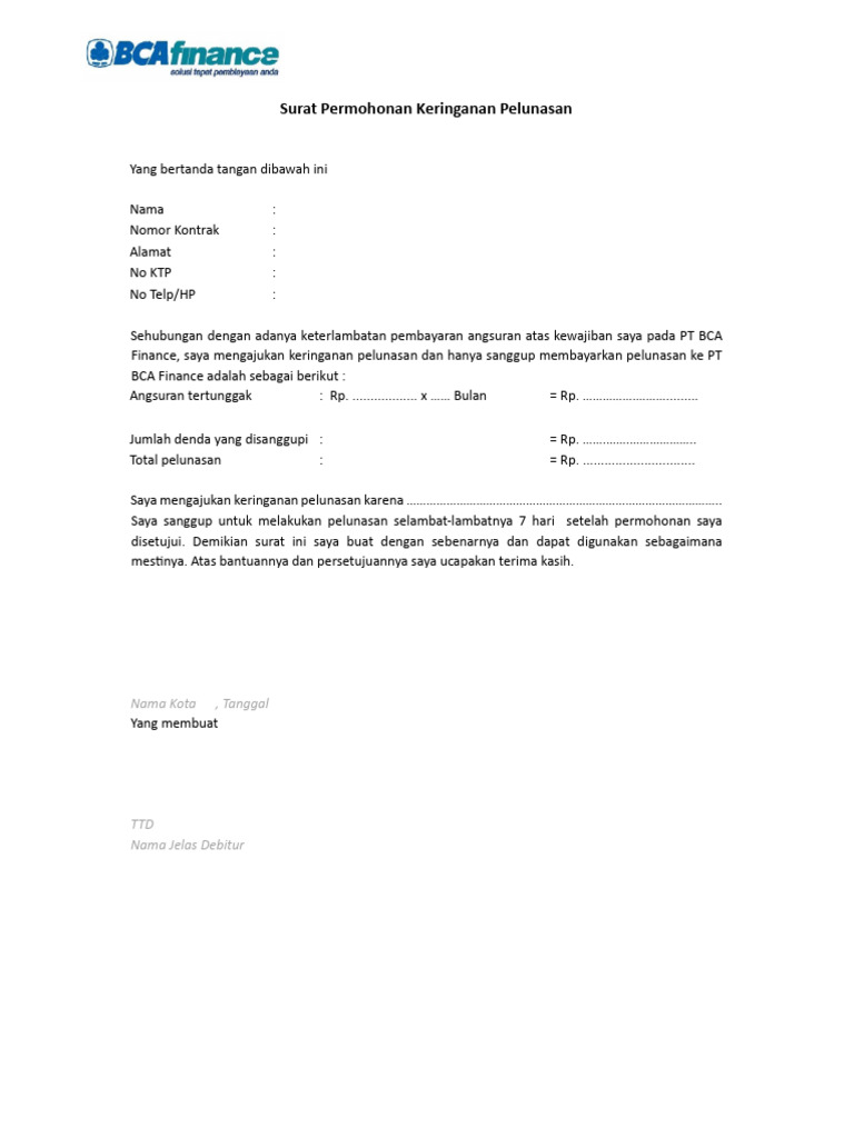 Surat Permohonan Keringanan Pelunasan | PDF