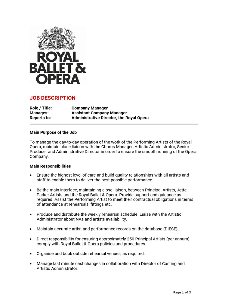 Royal Opera Company Manager Job Description | PDF