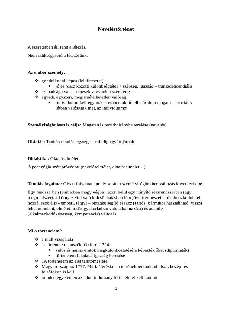 Neveléstörténet Jegyzet 1 | PDF