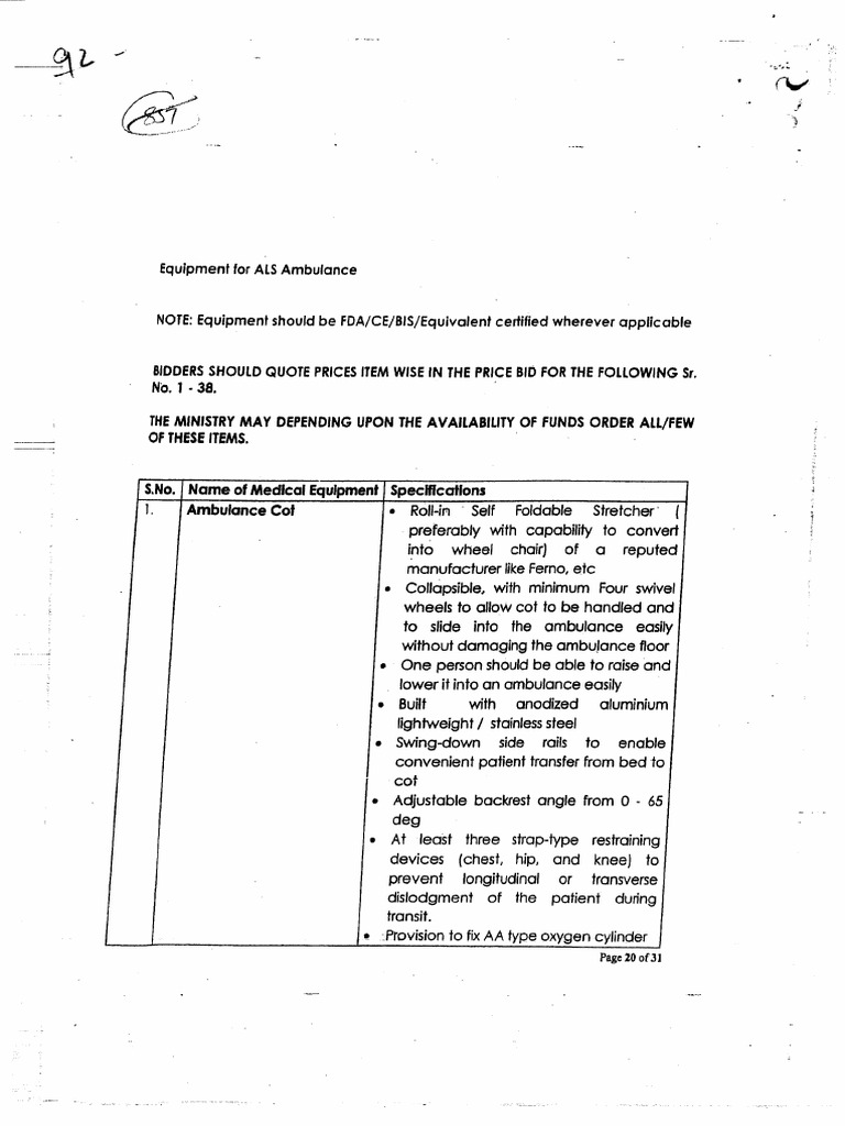 ALS Ambulance Equipment Specifications | PDF | Ambulance