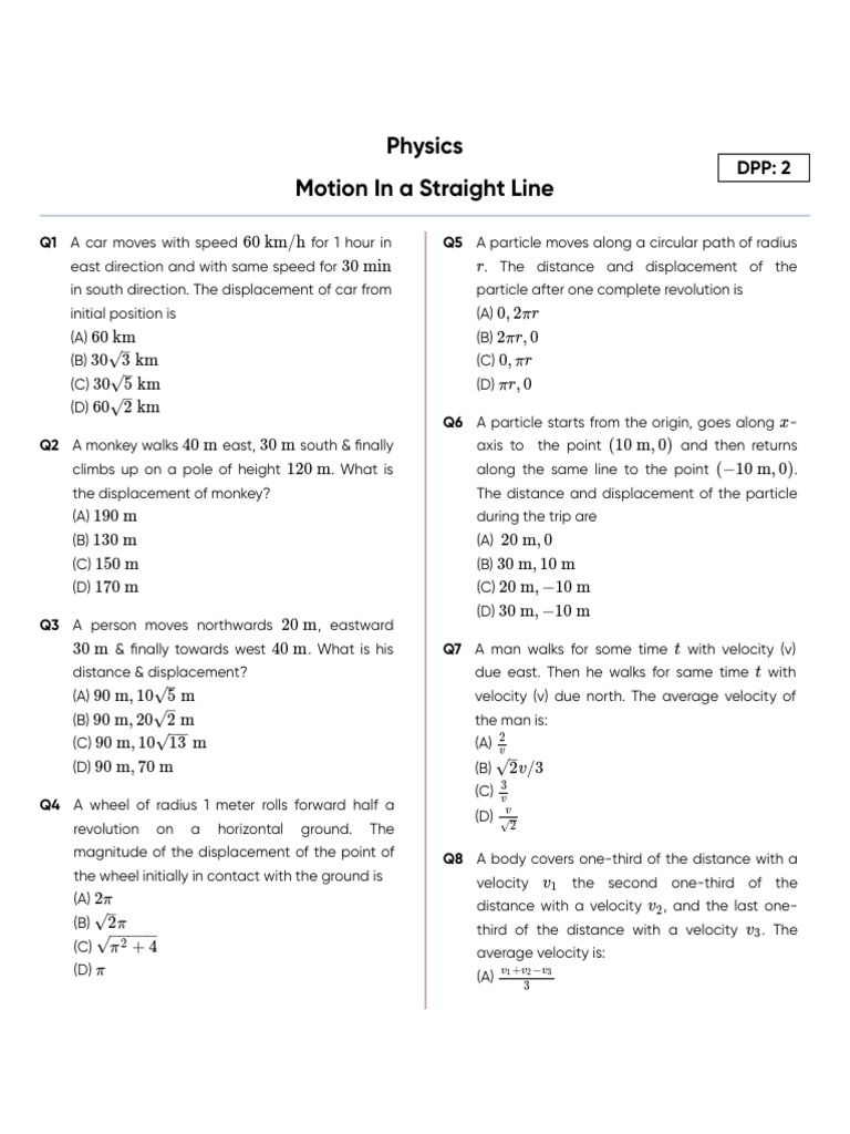 Motion in A Straight Line DPP 02 | PDF | Speed | Velocity