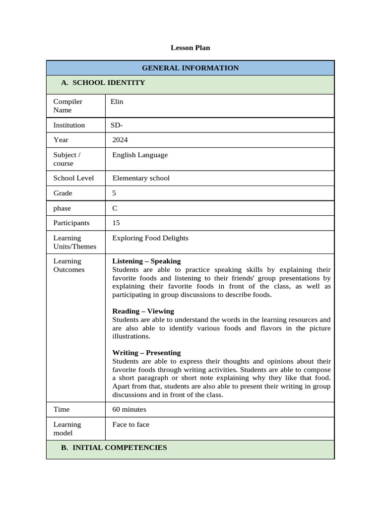 Lesson Plan eyl grade 5 | PDF | Learning | Foods