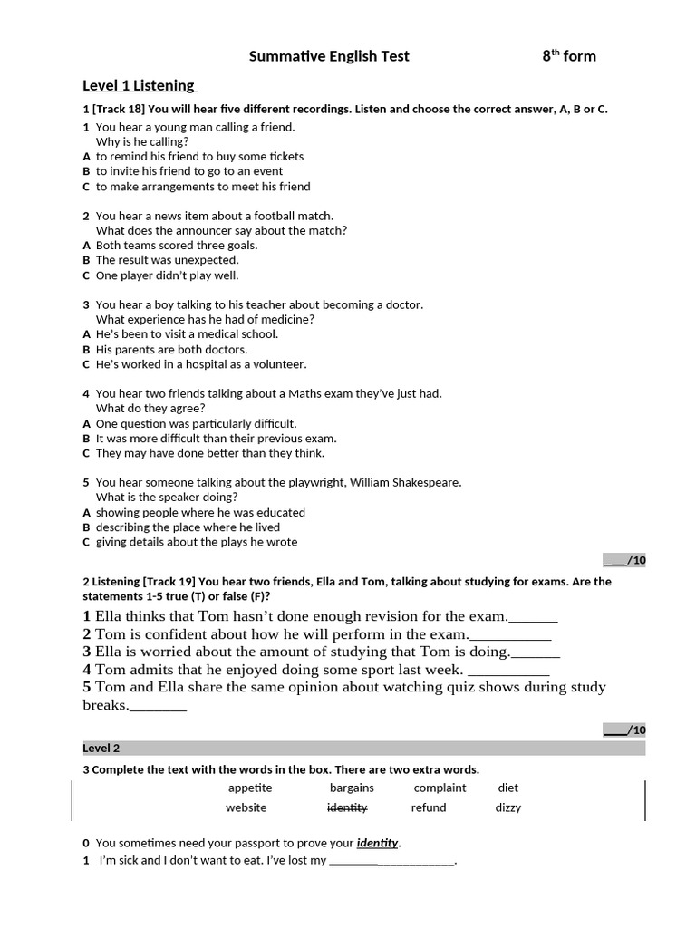 Summative English Test 8th Form | PDF