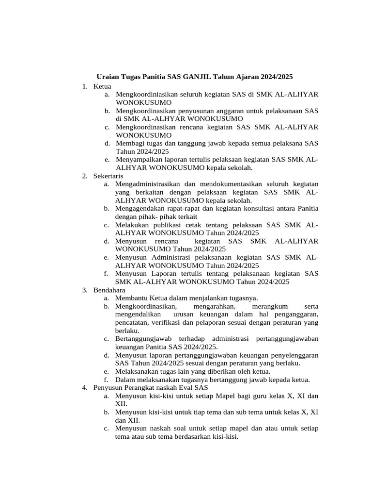 Uraian Tugas Panitia PAS | PDF