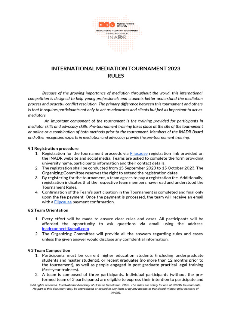International Mediation Tournament 2023 Rules | PDF | Mediation | Caucus