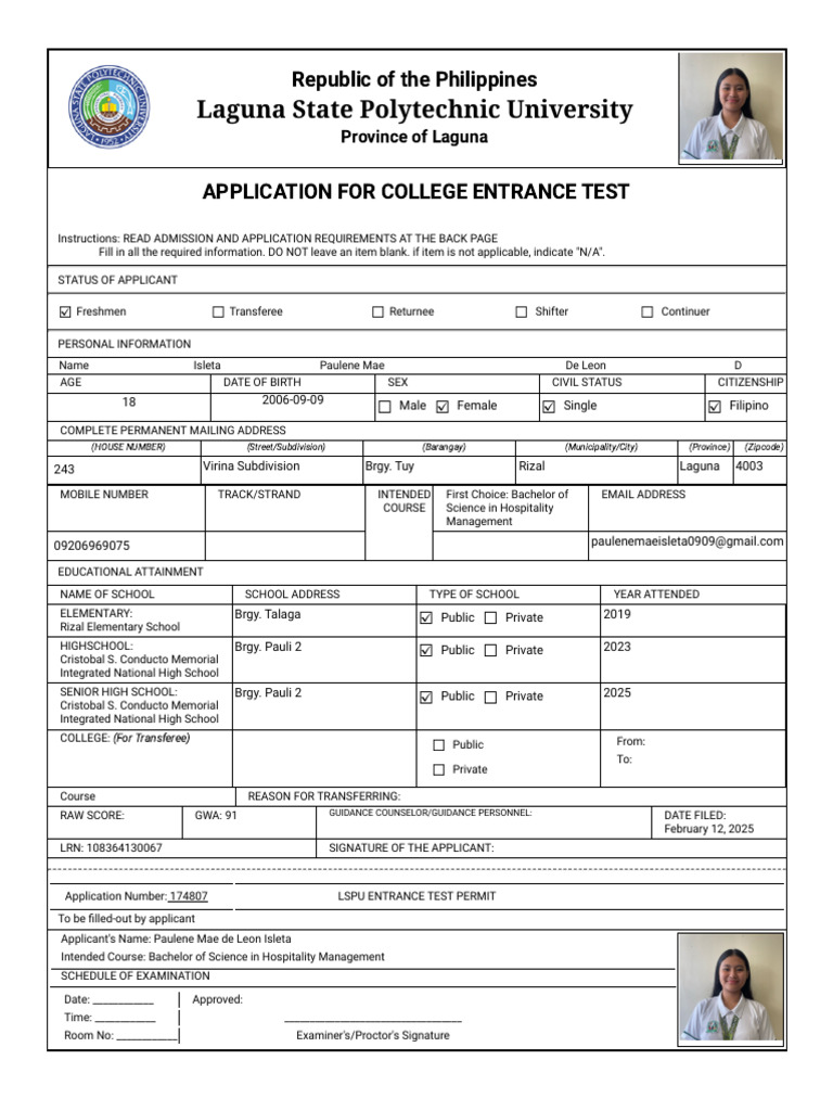 Laguna State Polytechnic College Test Application | PDF