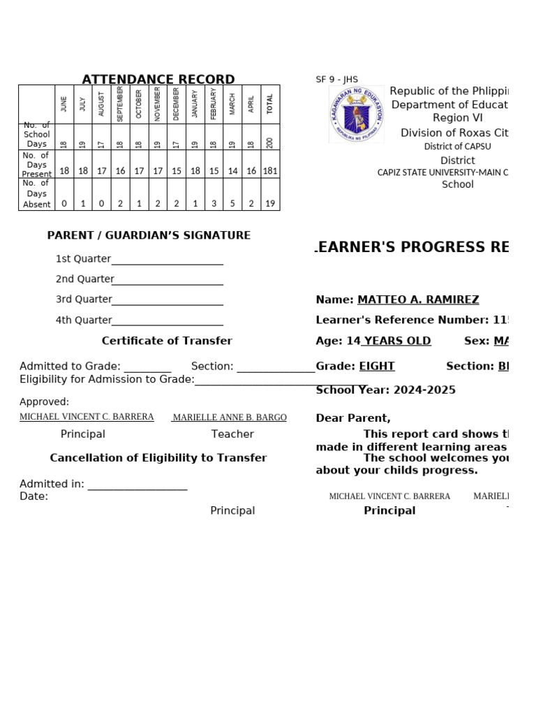 BOYS SF9-Learners-Progress-Report-Card-Template-for-JHS | PDF | Learning
