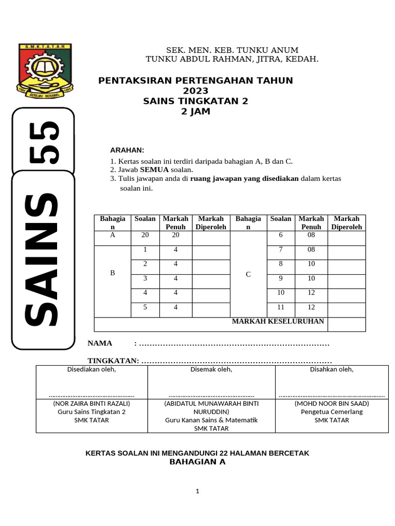 Upsa Sains T2 2023 Smktatar | PDF