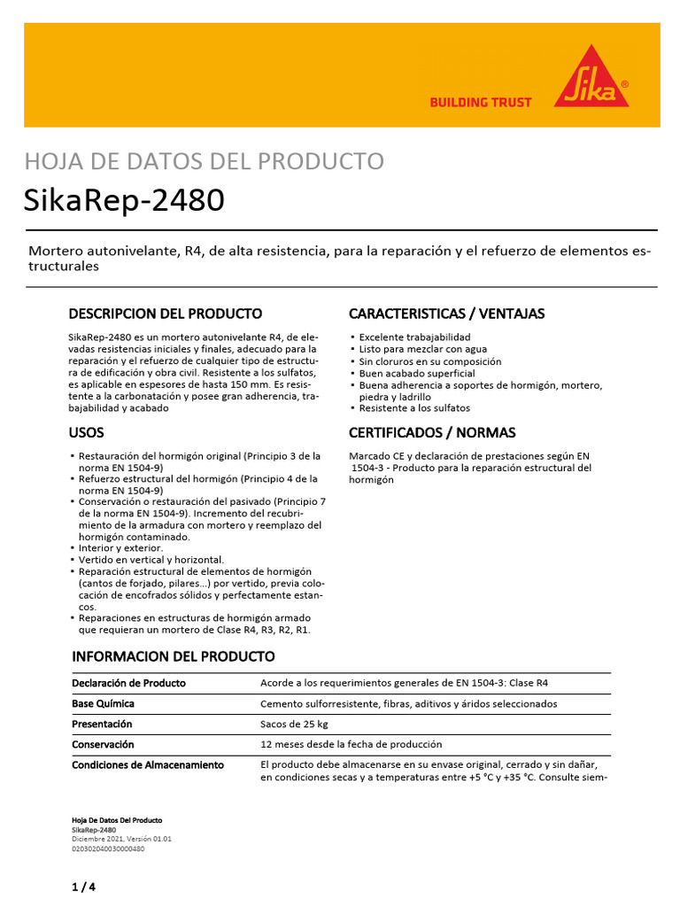 Ficha Técnica SikaRep-2480 | PDF | Hormigón | Materiales de construcción