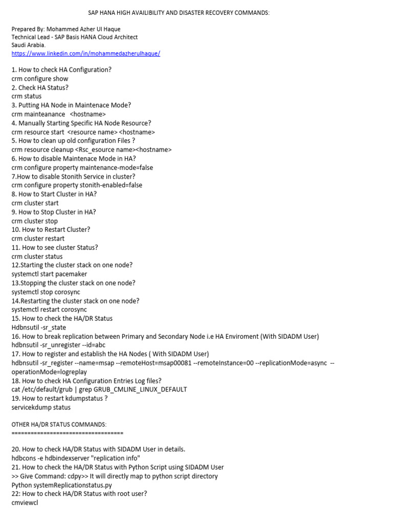 Sap Hana High Availibility and Disaster Recovery Commands | PDF | Computer Cluster | Computing ...